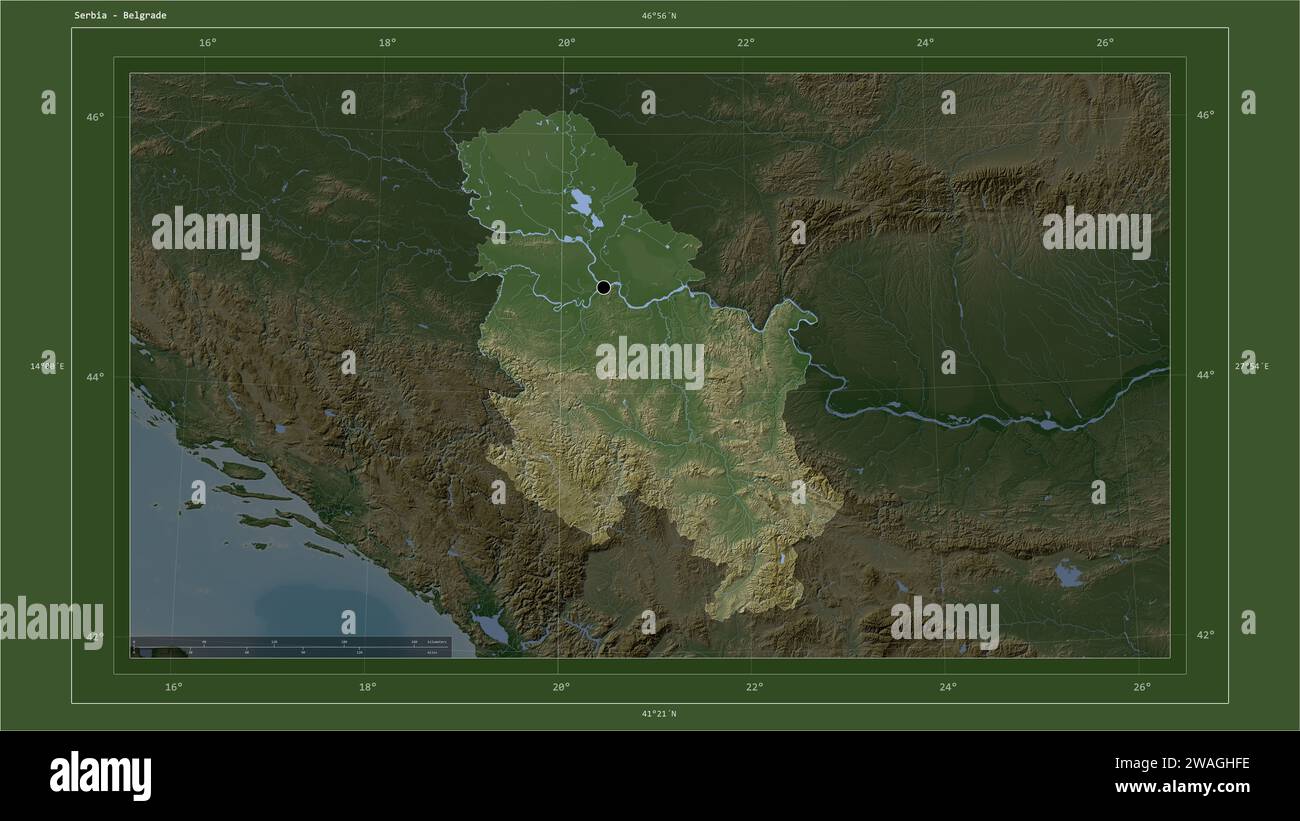 Serbia highlighted on a Pale colored elevation map with lakes and ...