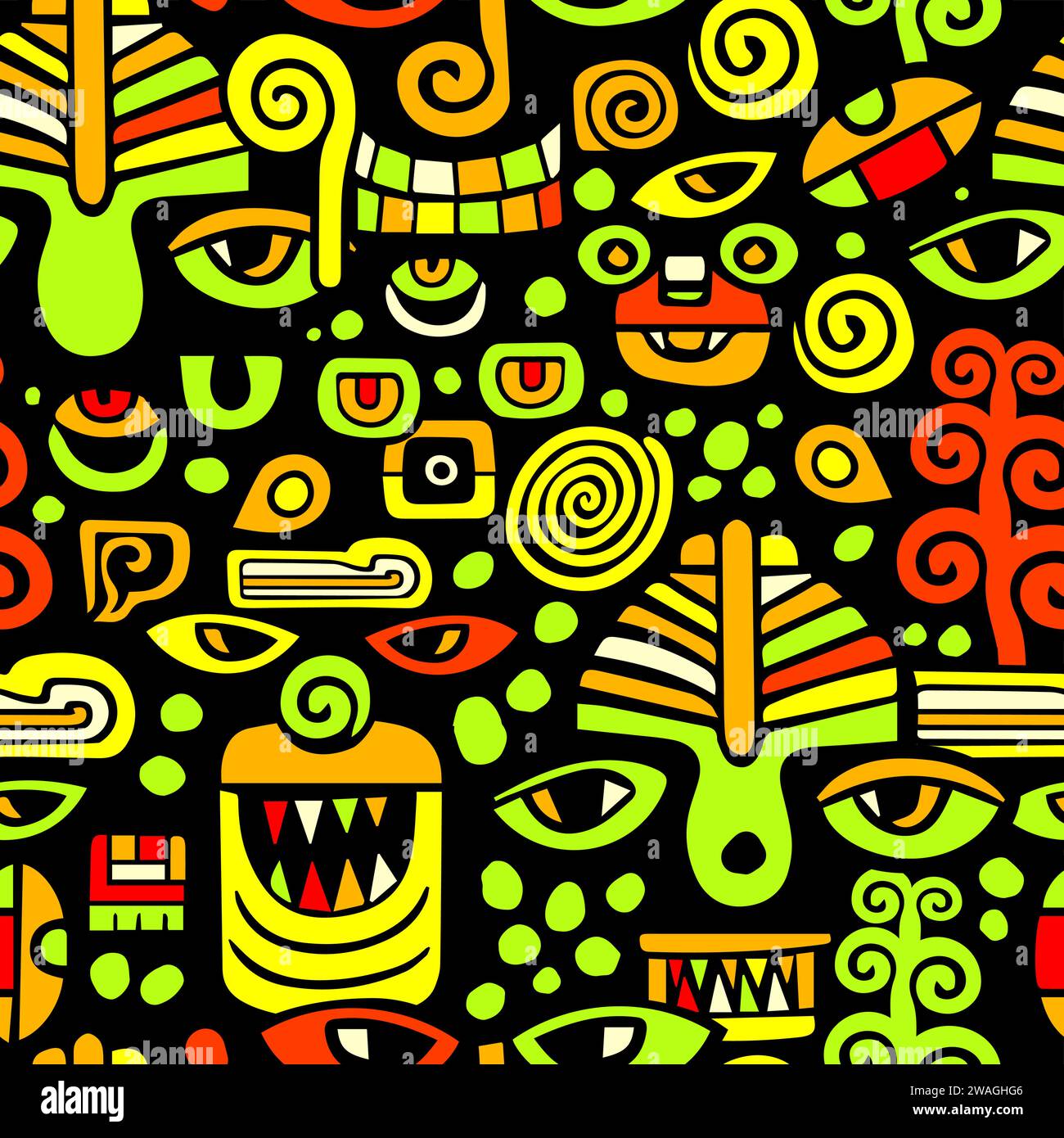 Abstract graphic colored faces seamless pattern. Ancient Inca mask ...