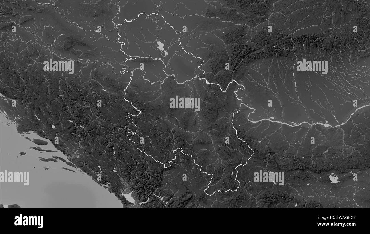 Serbia outlined on a Grayscale elevation map with lakes and rivers ...