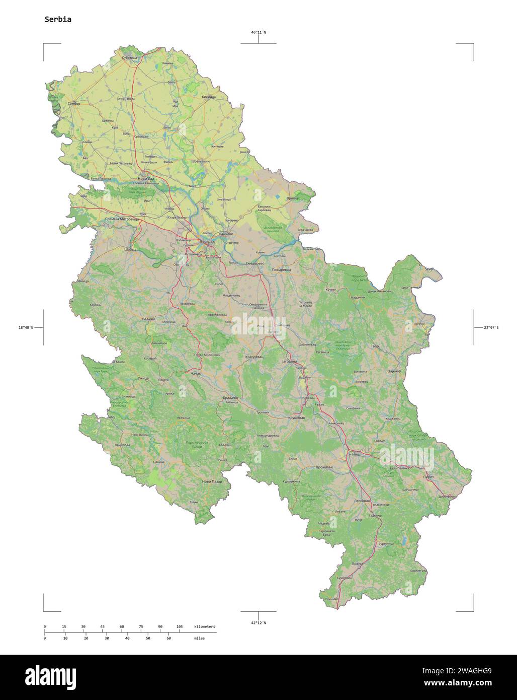 Shape of a topographic, OSM standard style map of the Serbia, with ...