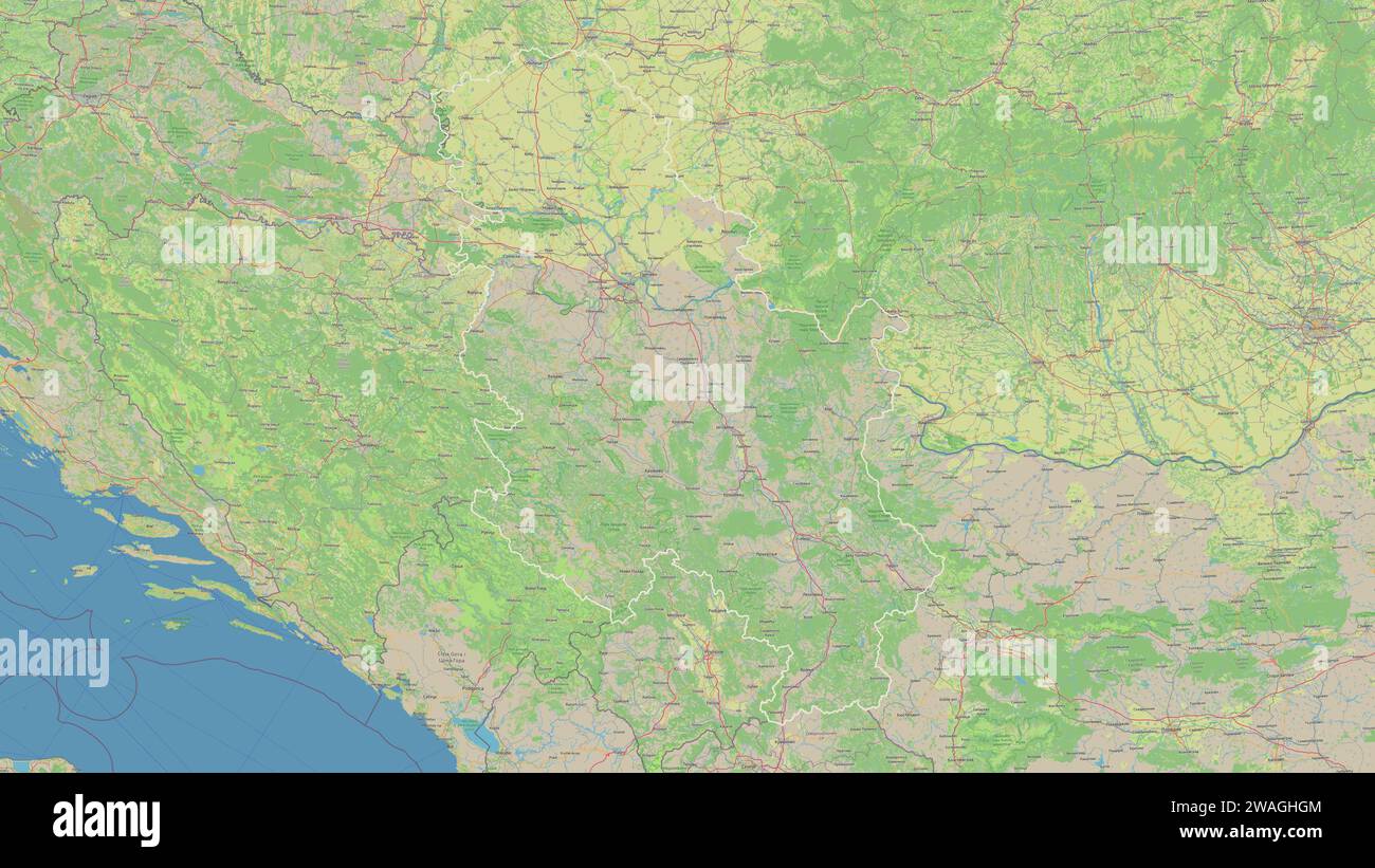 Serbia outlined on a topographic, OSM standard style map Stock Photo ...