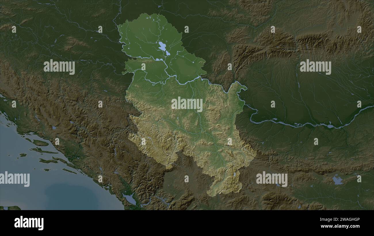 Serbia highlighted on a Pale colored elevation map with lakes and rivers Stock Photo - Alamy