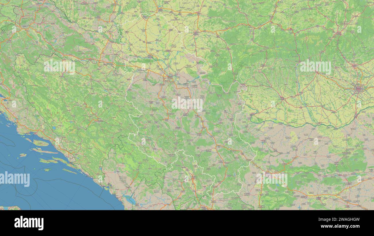 Serbia outlined on a topographic, OSM Germany style map Stock Photo - Alamy
