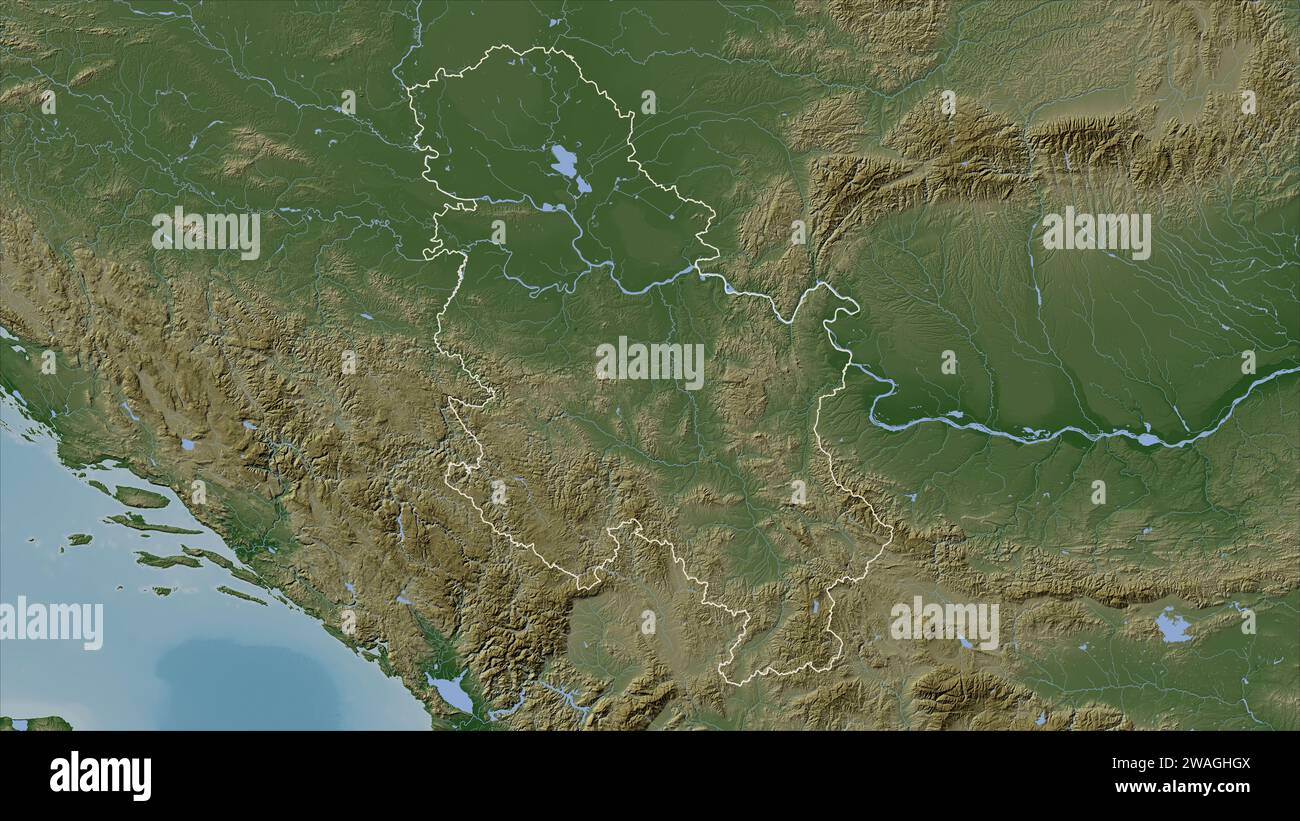 Serbia outlined on a Pale colored elevation map with lakes and rivers ...