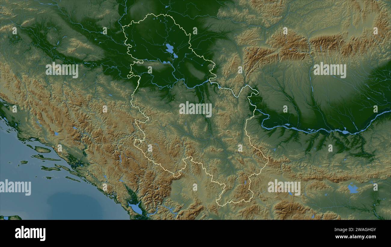 Serbia outlined on a Colored elevation map with lakes and rivers Stock ...