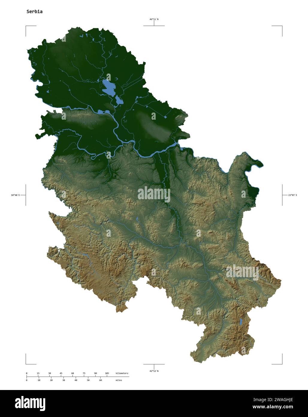 Shape of a Colored elevation map with lakes and rivers of the Serbia ...