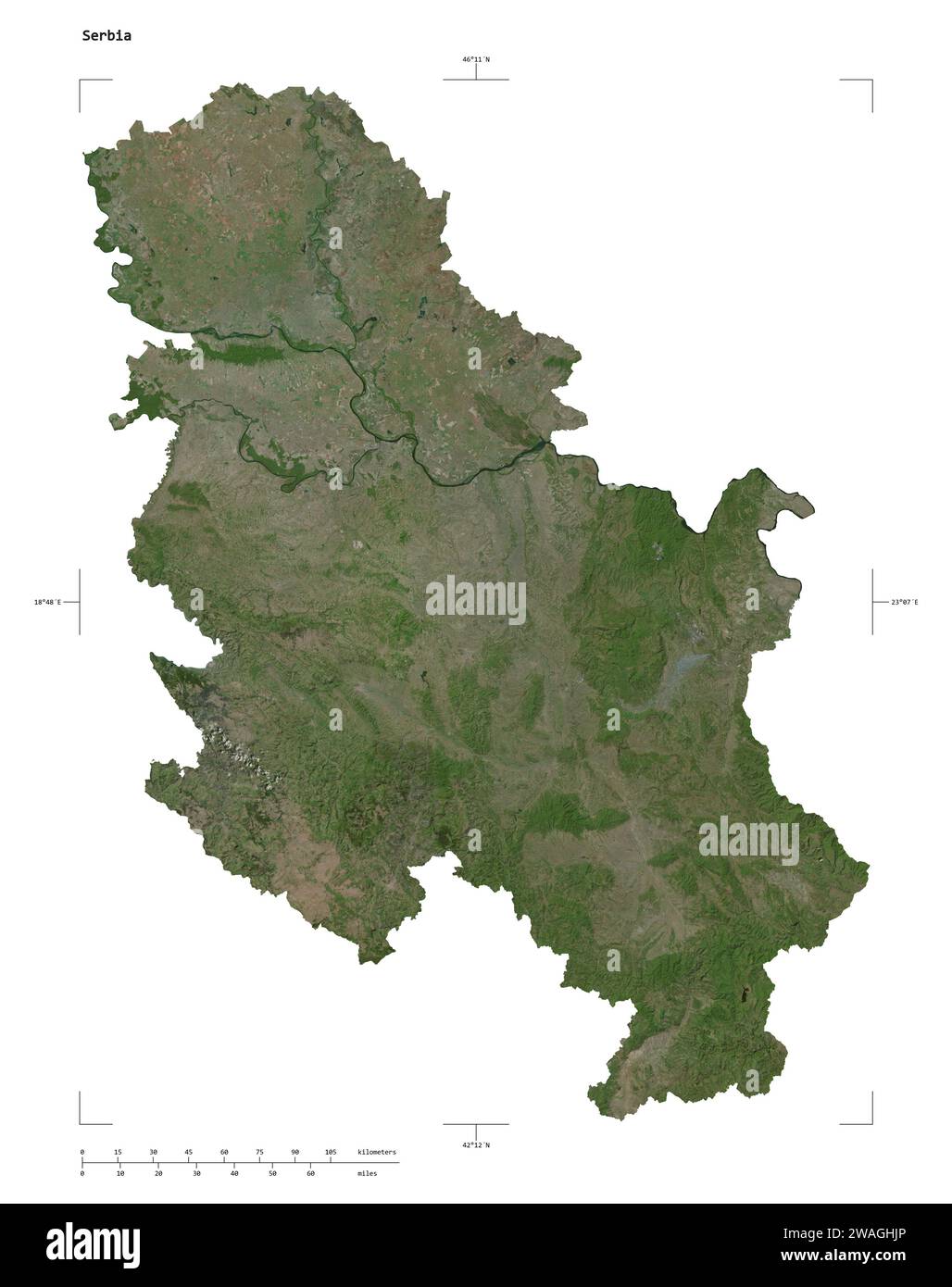 Shape of a high resolution satellite map of the Serbia, with distance ...