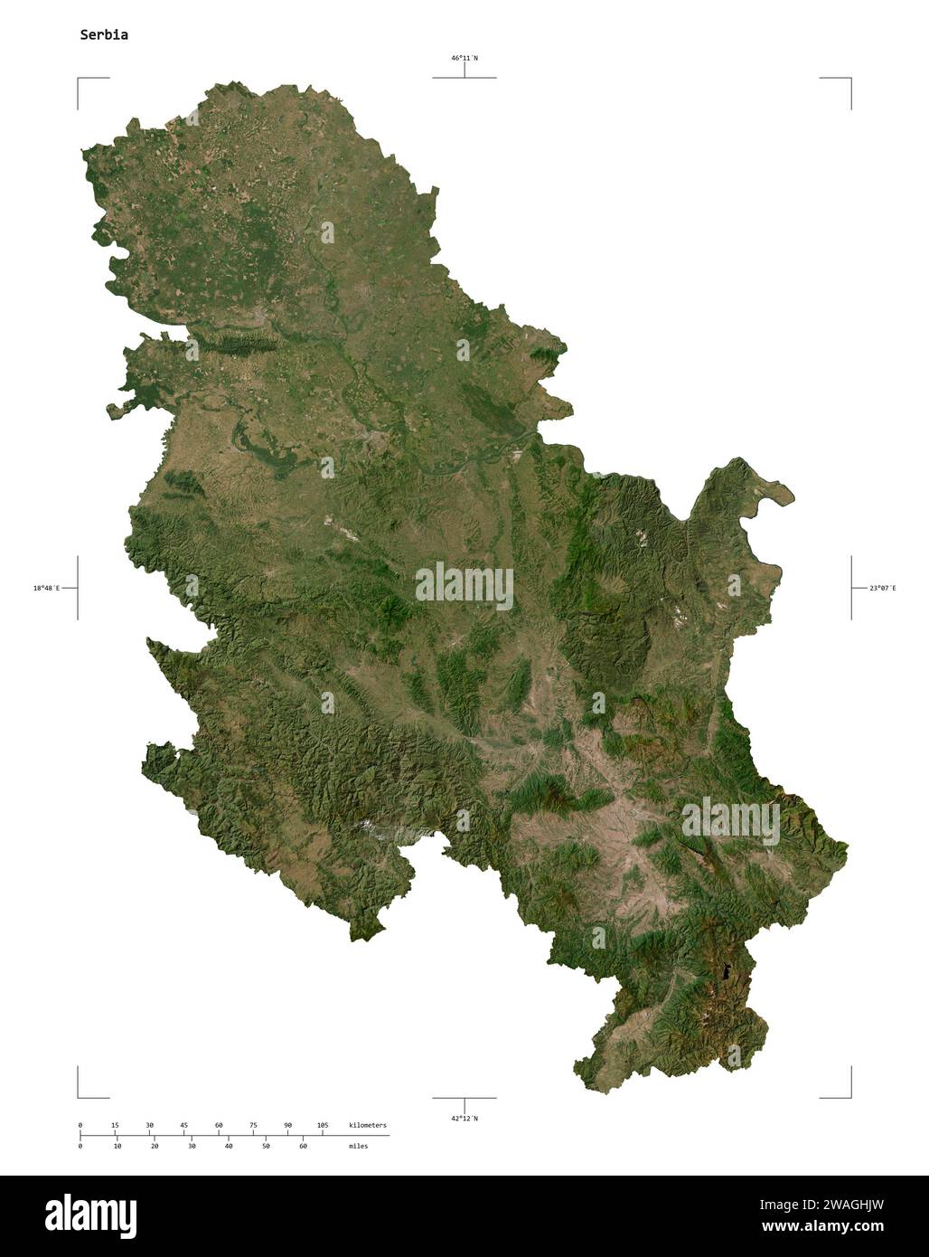Shape of a low resolution satellite map of the Serbia, with distance ...