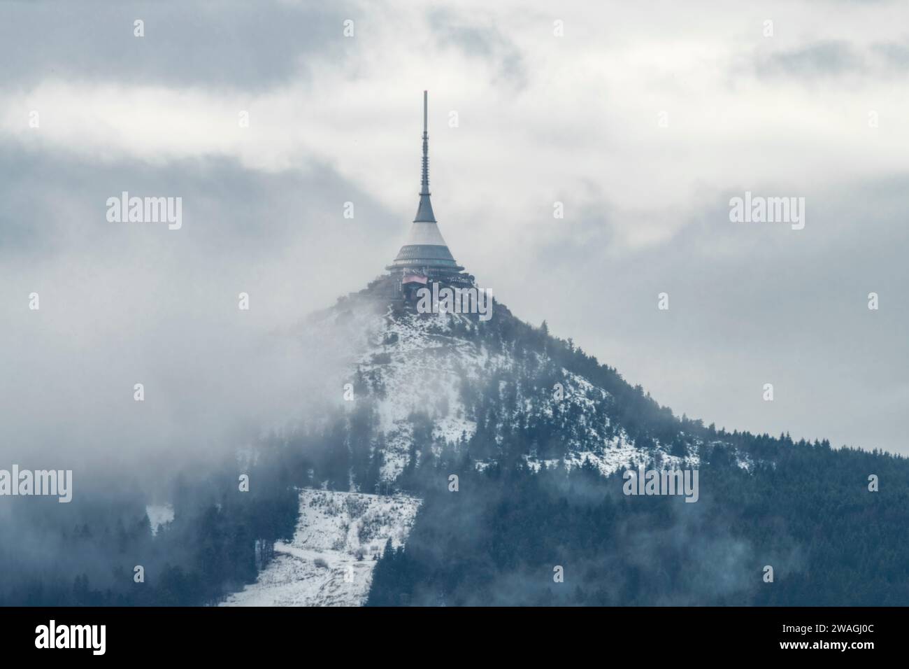 Hotel on hill Jested in snowy cold winter day in Liberec CZ 12 30 2023 ...
