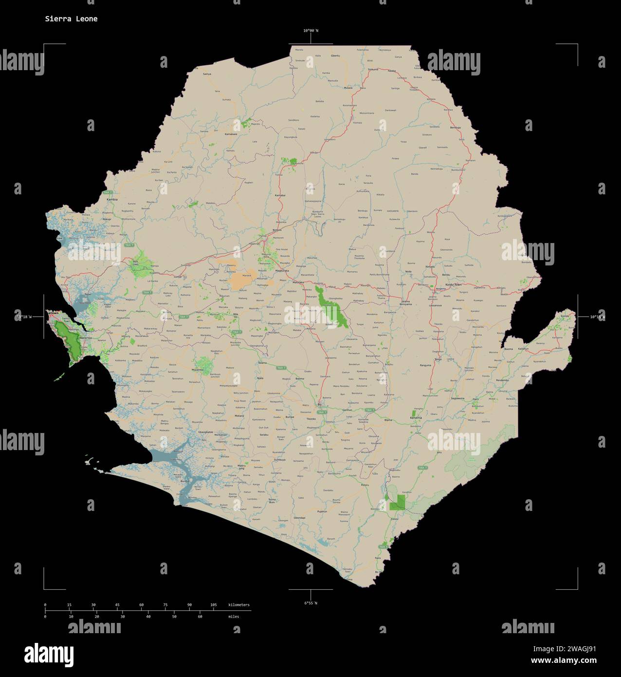Shape of a topographic, OSM France style map of the Sierra Leone, with ...