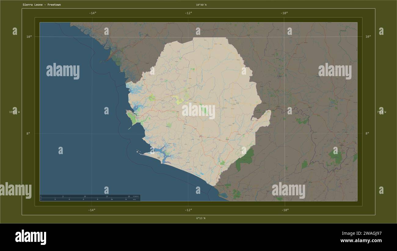 Sierra Leone highlighted on a topographic, OSM standard style map map with the country's capital ...