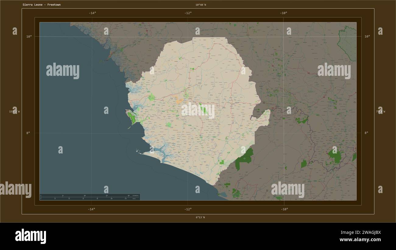 Sierra Leone highlighted on a topographic, OSM France style map map ...