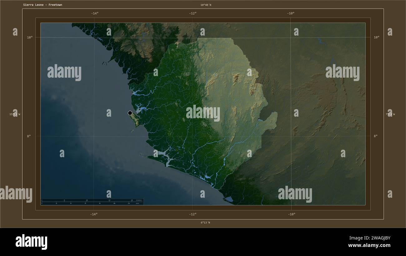 Sierra Leone highlighted on a Colored elevation map with lakes and ...