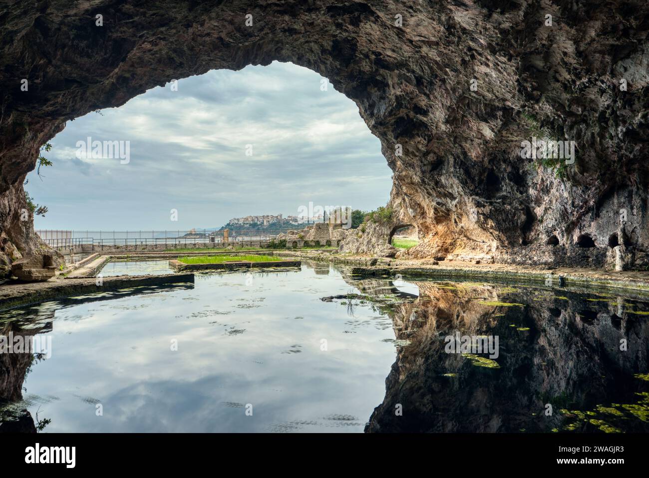 The pool inside the huge Tiberius grotto is part of the coastal villa ...