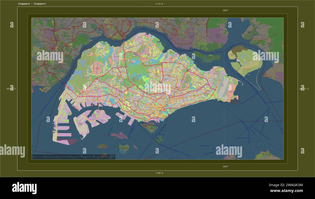 Singapore highlighted on a topographic, OSM standard style map map with the country's capital ...