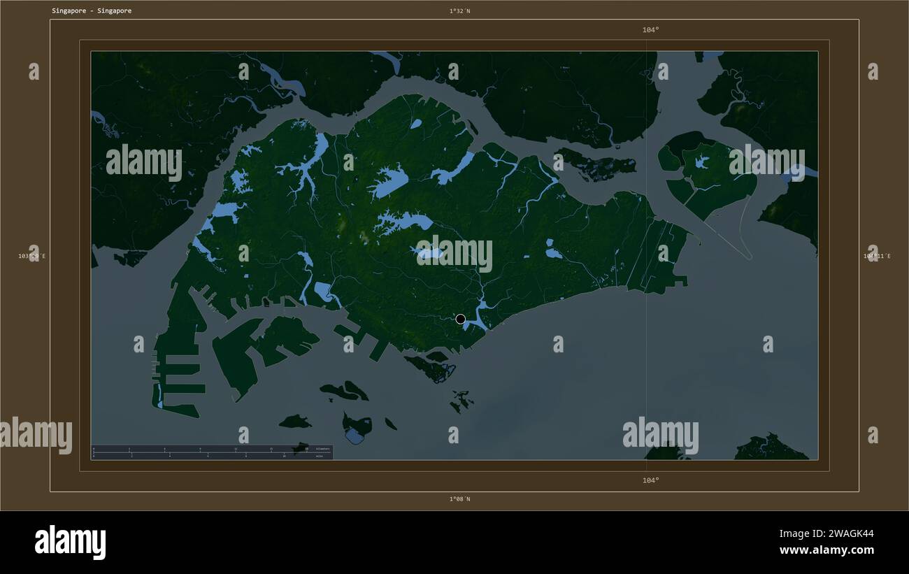 Singapore highlighted on a Colored elevation map with lakes and rivers map with the country's ...