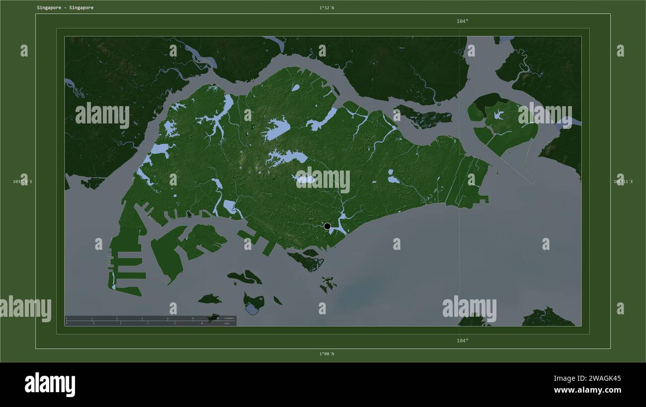 Singapore highlighted on a Pale colored elevation map with lakes and ...