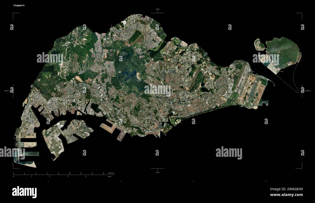 Shape of a low resolution satellite map of the Singapore, with distance scale and map border ...