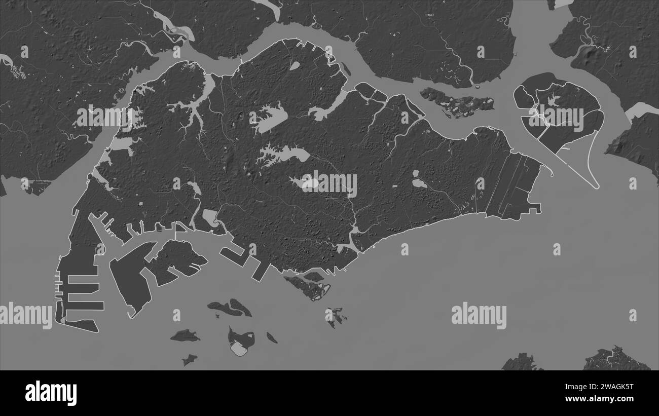 Singapore outlined on a Bilevel elevation map with lakes and rivers Stock Photo - Alamy