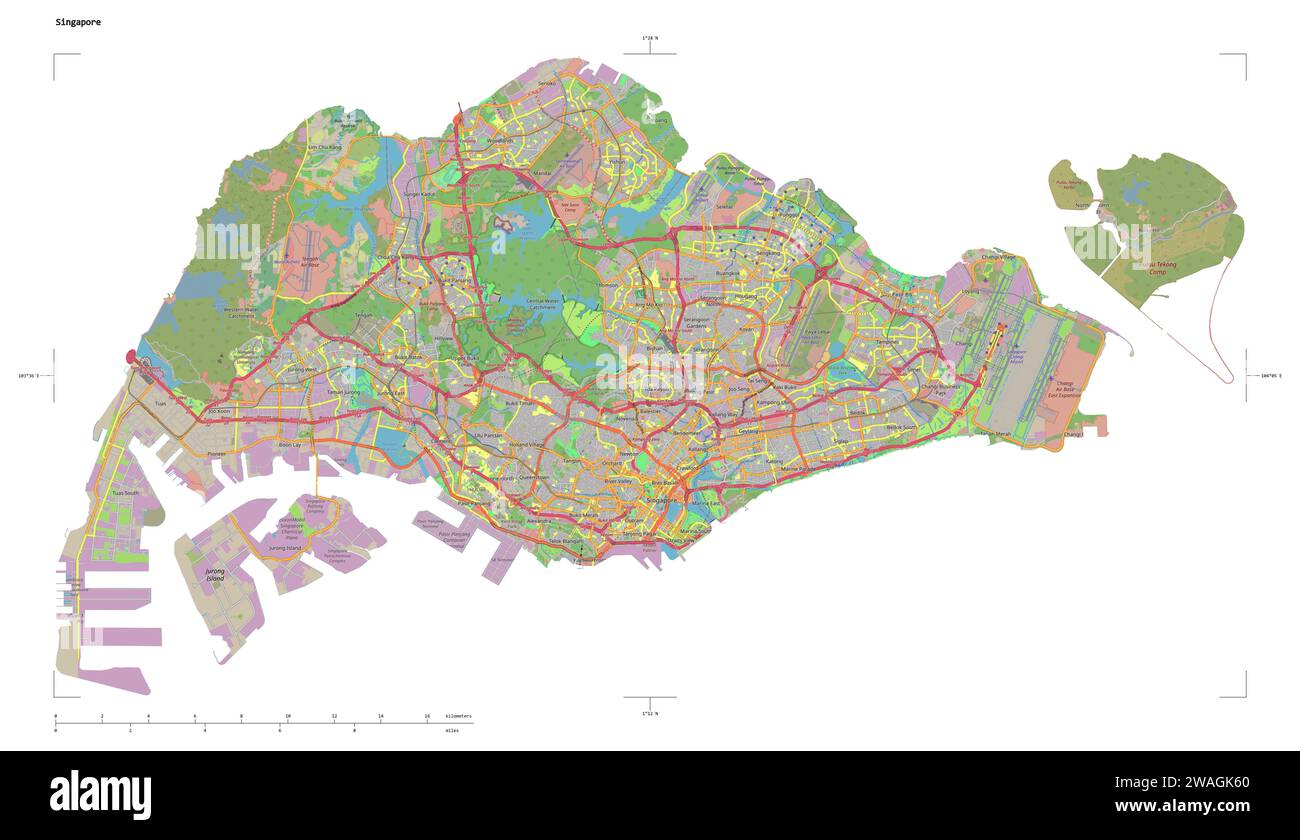 Shape of a topographic, OSM standard style map of the Singapore, with distance scale and map ...
