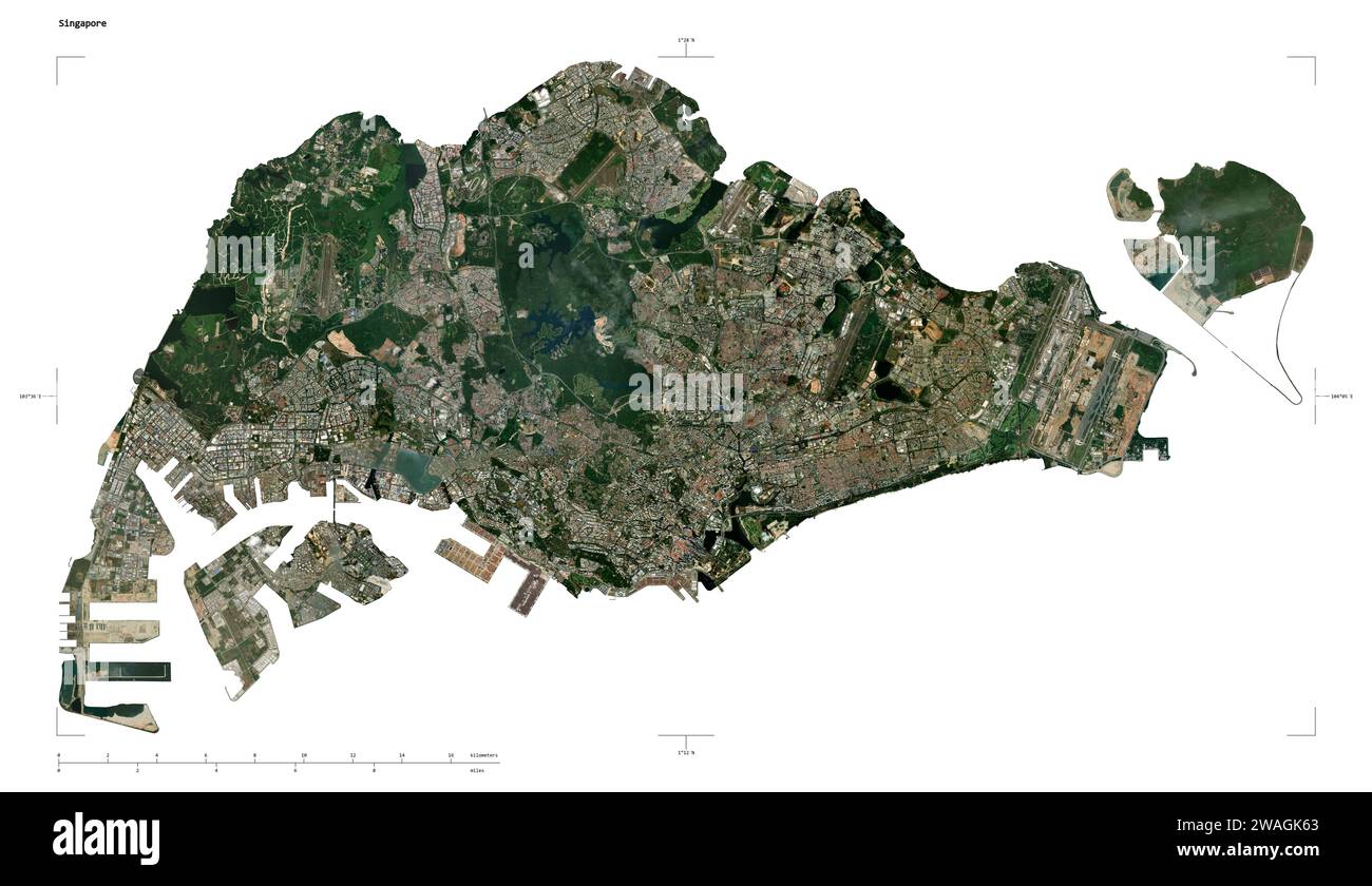 Shape of a high resolution satellite map of the Singapore, with distance scale and map border ...