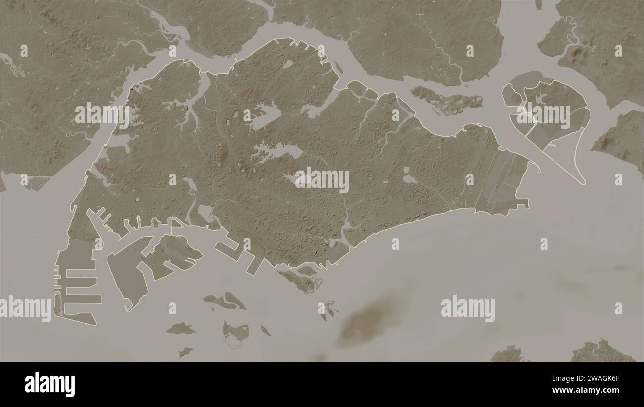 Singapore outlined on a elevation map colored in sepia tones with lakes and rivers Stock Photo ...