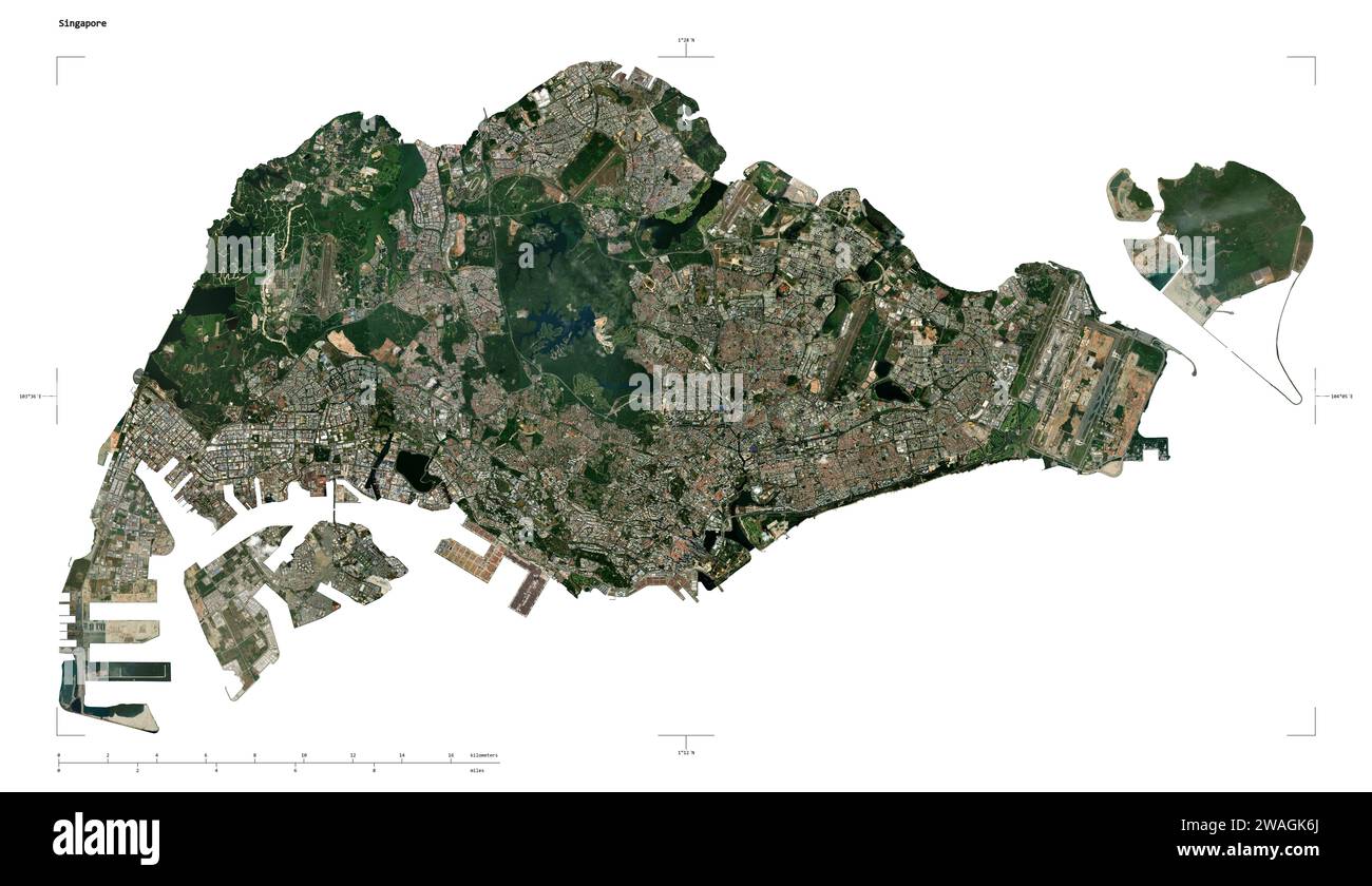 Shape of a low resolution satellite map of the Singapore, with distance scale and map border ...