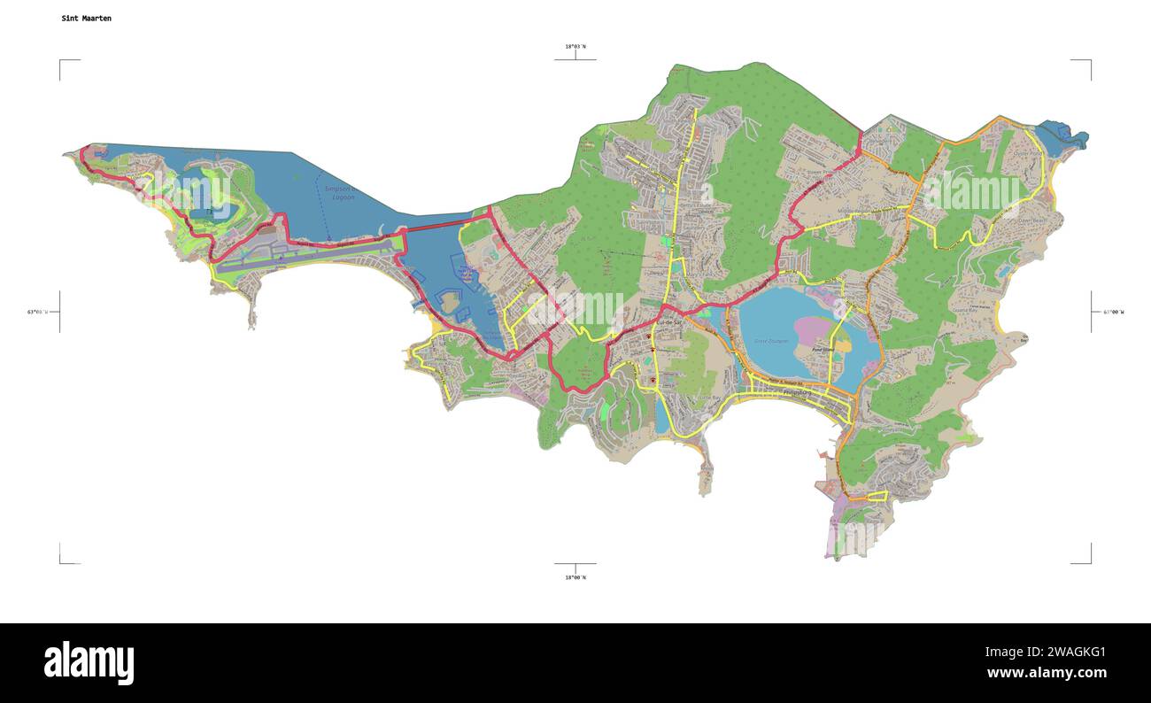 Shape of a topographic, OSM Germany style map of the Sint Maarten, with distance scale and map ...