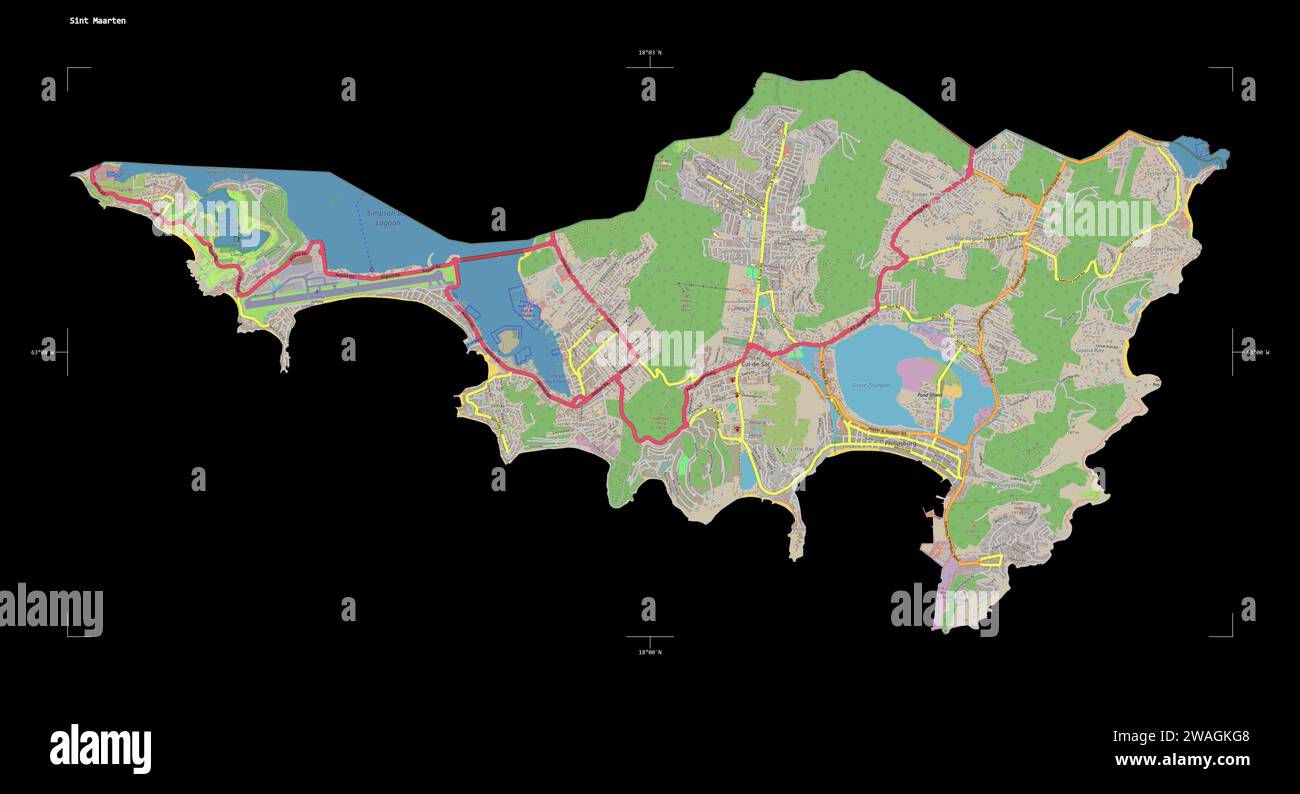 Shape of a topographic, OSM Germany style map of the Sint Maarten, with distance scale and map ...