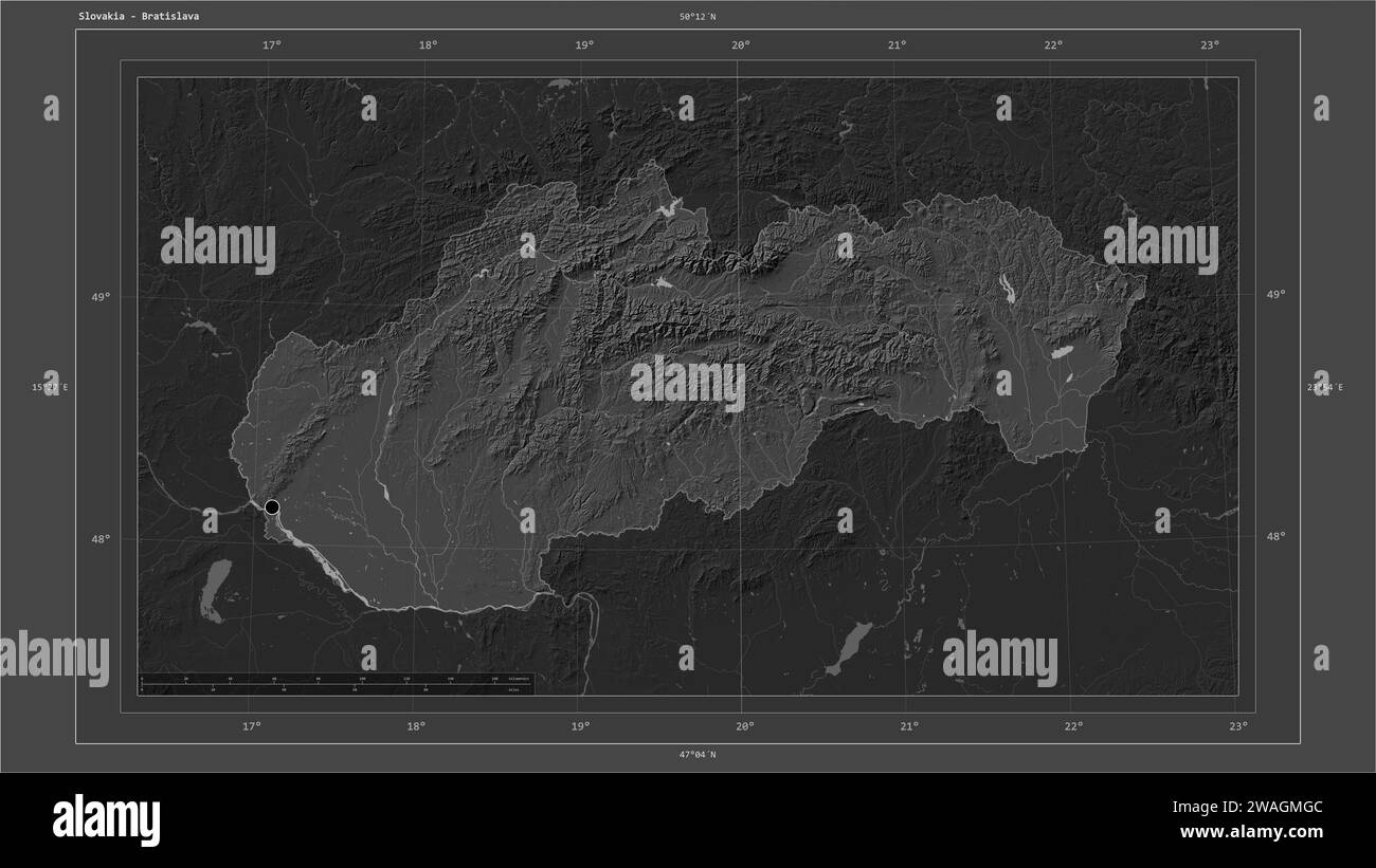 Slovakia highlighted on a Bilevel elevation map with lakes and rivers ...