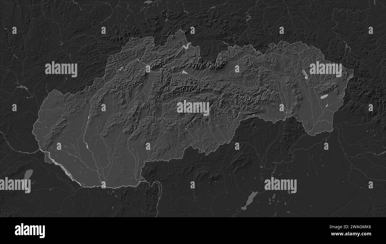 Slovakia highlighted on a Bilevel elevation map with lakes and rivers ...
