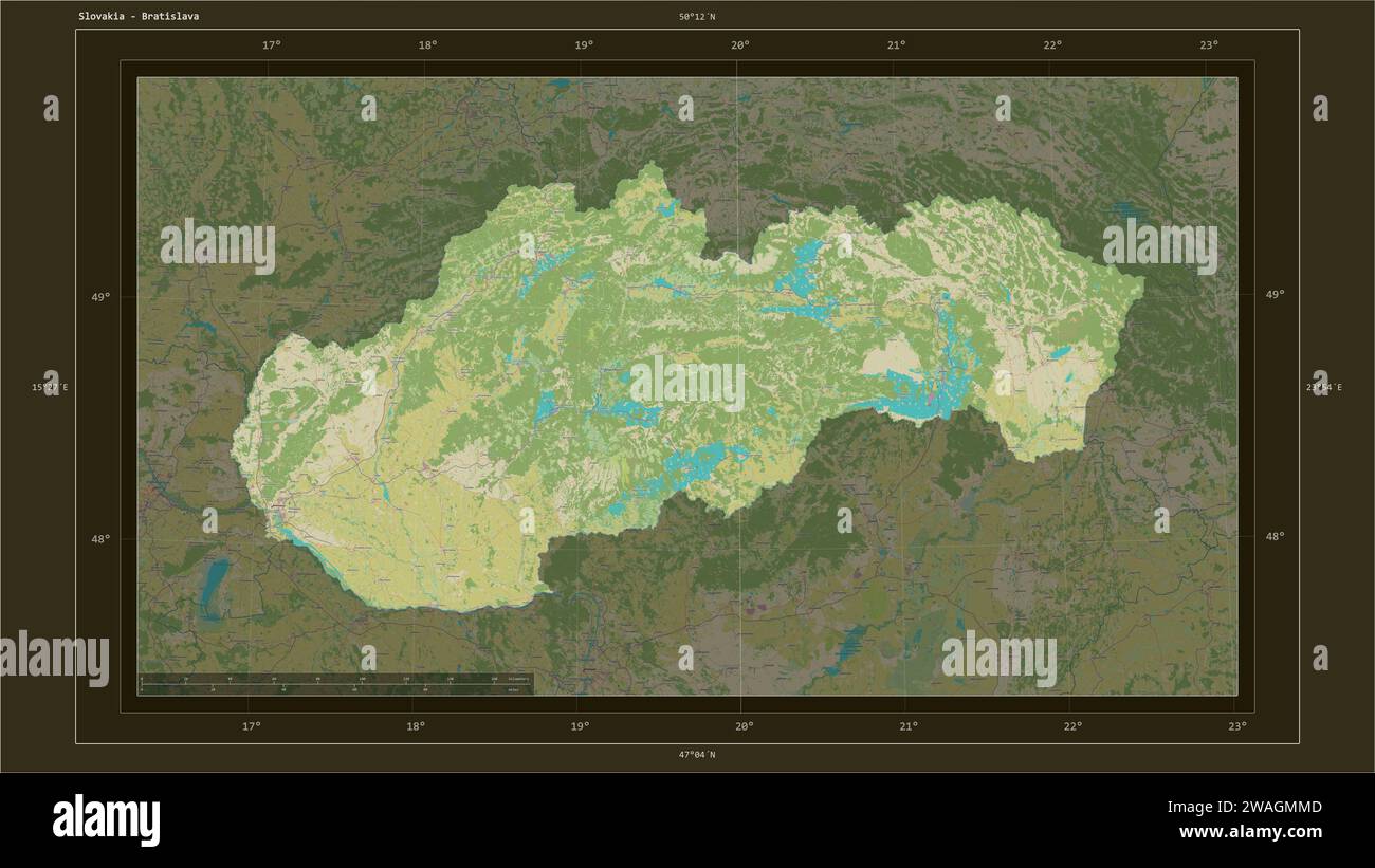 Slovakia highlighted on a topographic, OSM Humanitarian style map map ...