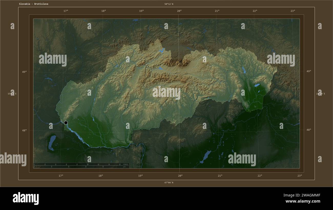 Slovakia highlighted on a Colored elevation map with lakes and rivers ...