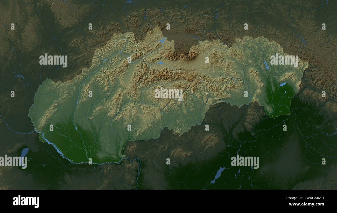 Slovakia highlighted on a Colored elevation map with lakes and rivers ...