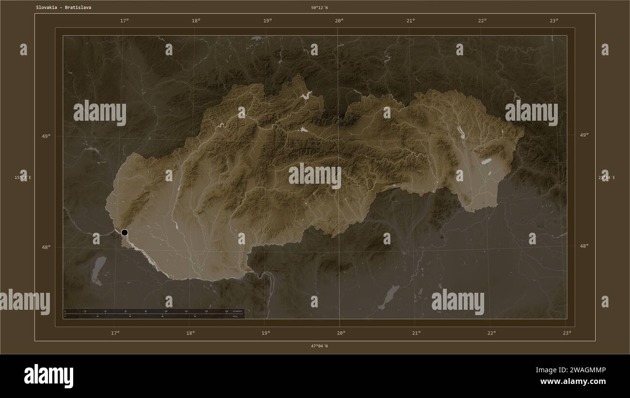Slovakia highlighted on a elevation map colored in sepia tones with ...