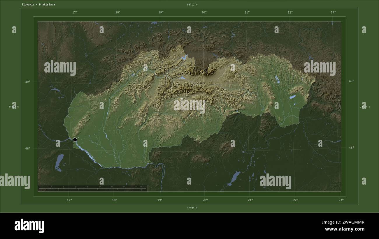 Slovakia highlighted on a Pale colored elevation map with lakes and ...