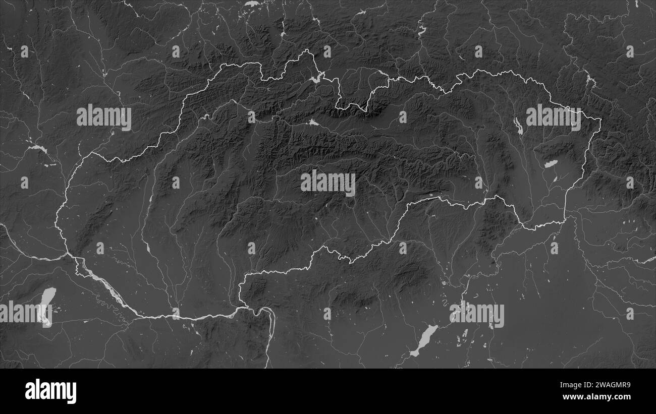 Slovakia outlined on a Grayscale elevation map with lakes and rivers ...