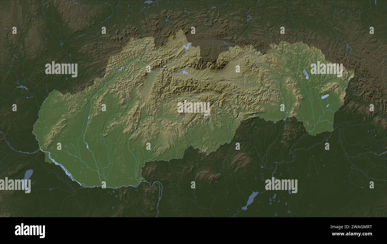 Slovakia highlighted on a Pale colored elevation map with lakes and ...