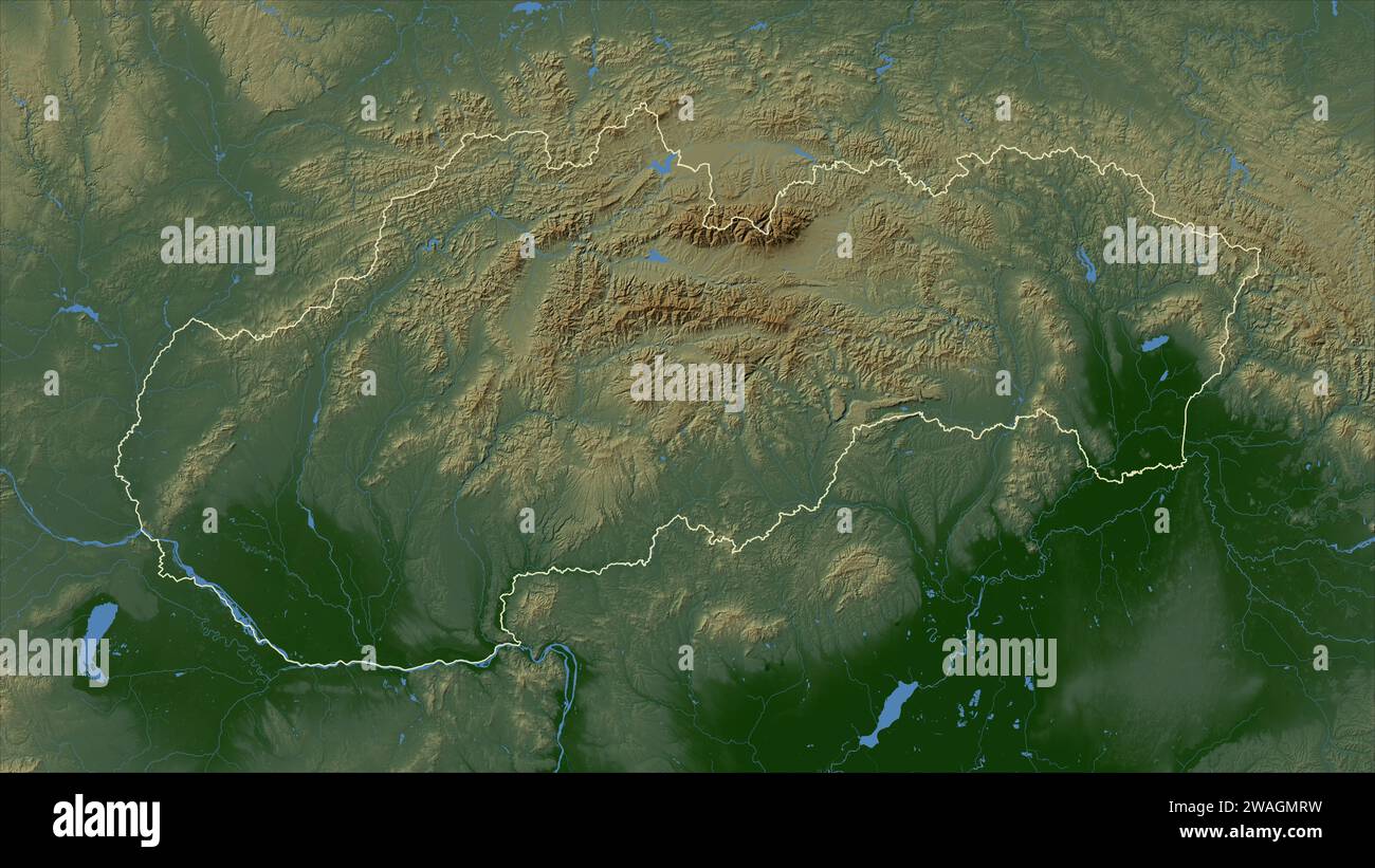 Slovakia outlined on a Colored elevation map with lakes and rivers ...