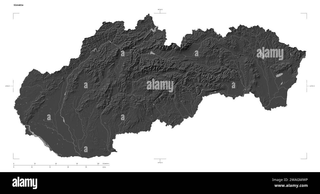 Shape of a Bilevel elevation map with lakes and rivers of the Slovakia ...