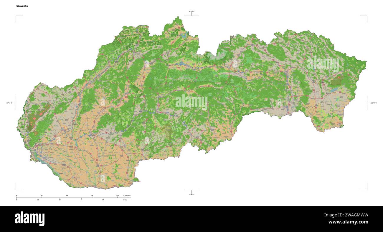 Shape of a topographic, OSM France style map of the Slovakia, with ...