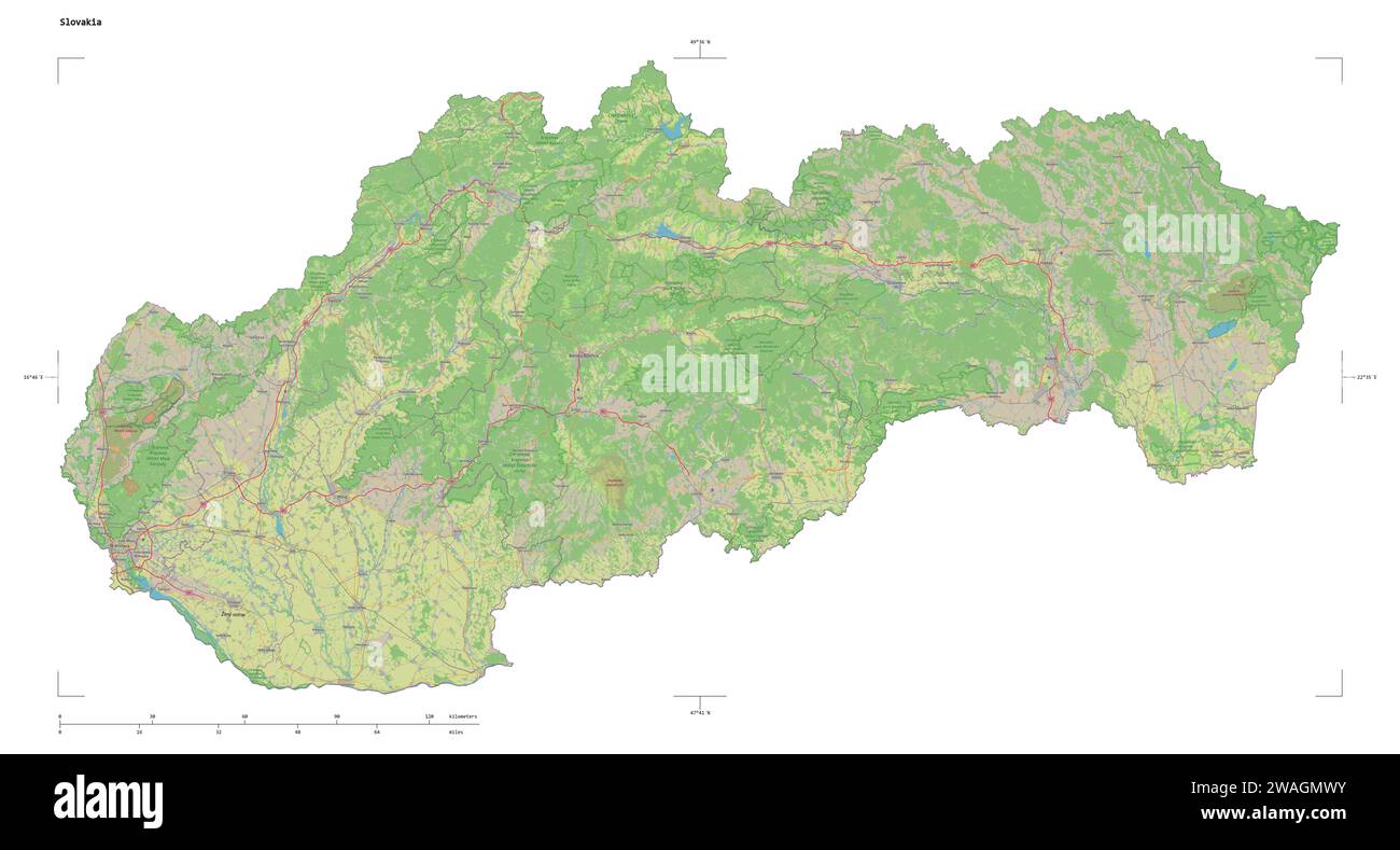 Shape of a topographic, OSM standard style map of the Slovakia, with distance scale and map ...