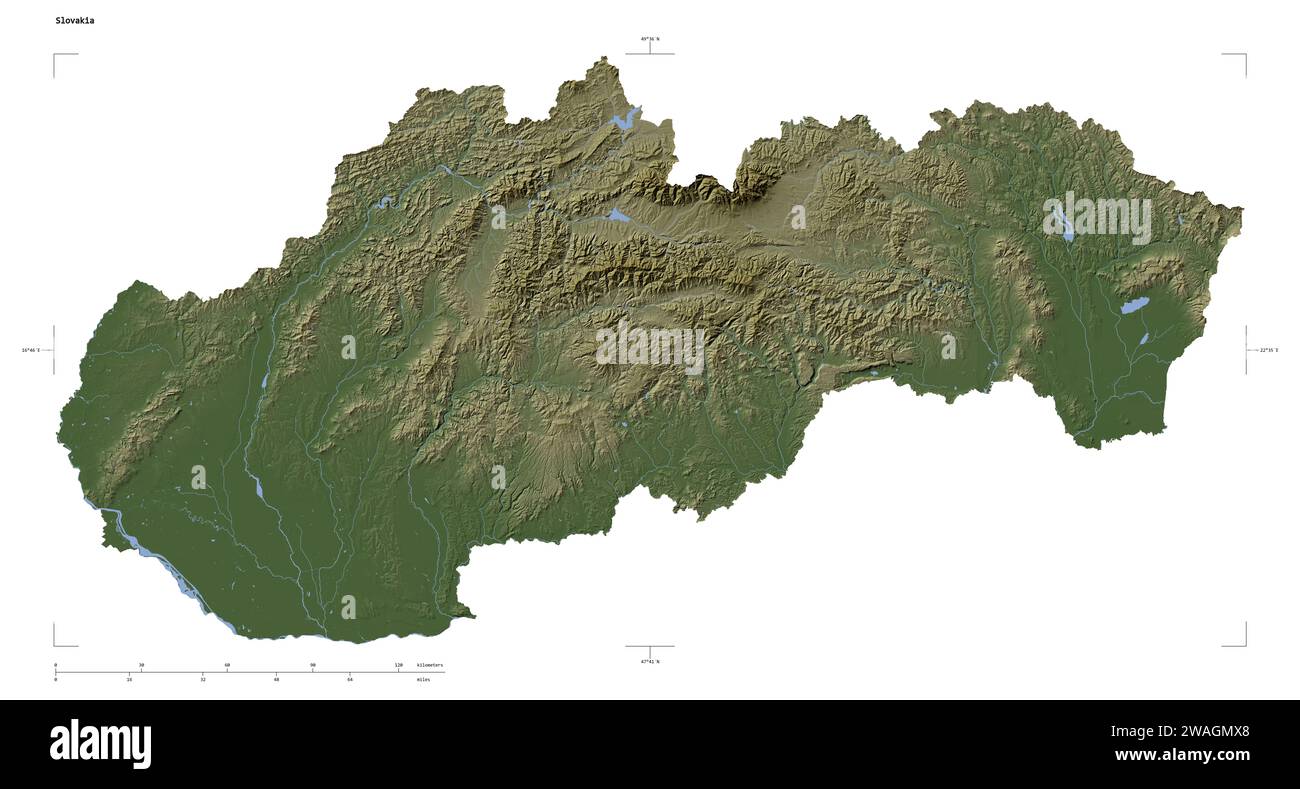Shape of a Pale colored elevation map with lakes and rivers of the Slovakia, with distance scale ...