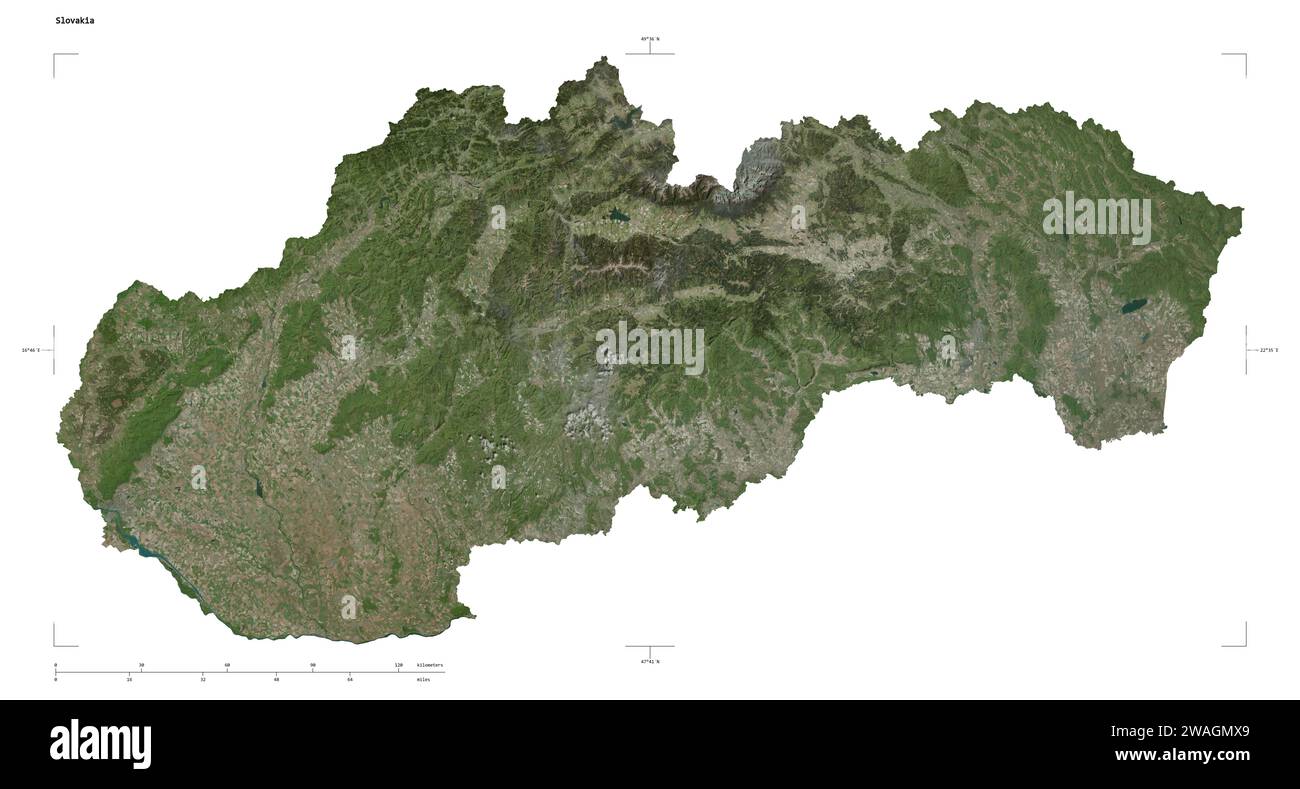 Shape of a high resolution satellite map of the Slovakia, with distance ...