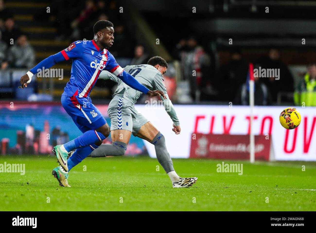 Everton's Arnaut Danjuma attempts a shot at goal against Crystal Palace ...