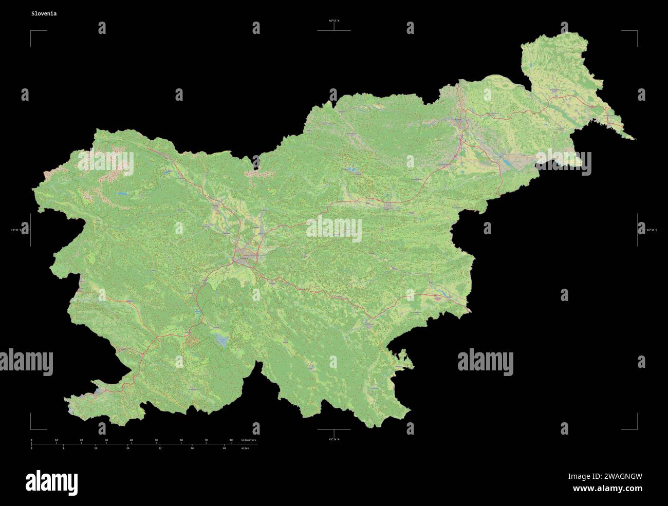 Shape of a topographic, OSM standard style map of the Slovenia, with ...