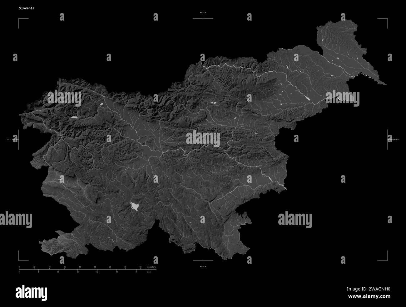 Shape of a Grayscale elevation map with lakes and rivers of the Slovenia, with distance scale ...