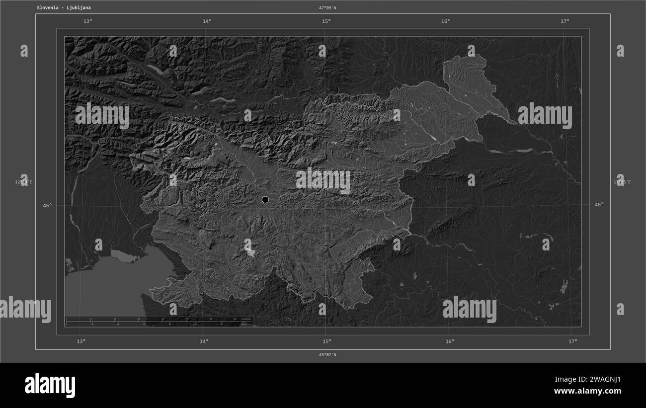 Slovenia highlighted on a Bilevel elevation map with lakes and rivers ...