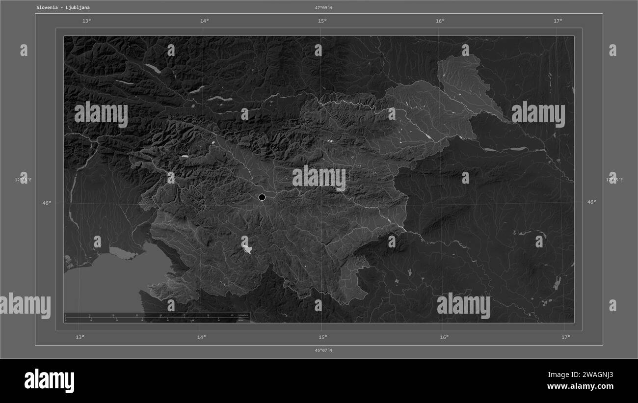 Slovenia highlighted on a Grayscale elevation map with lakes and rivers map with the country's ...