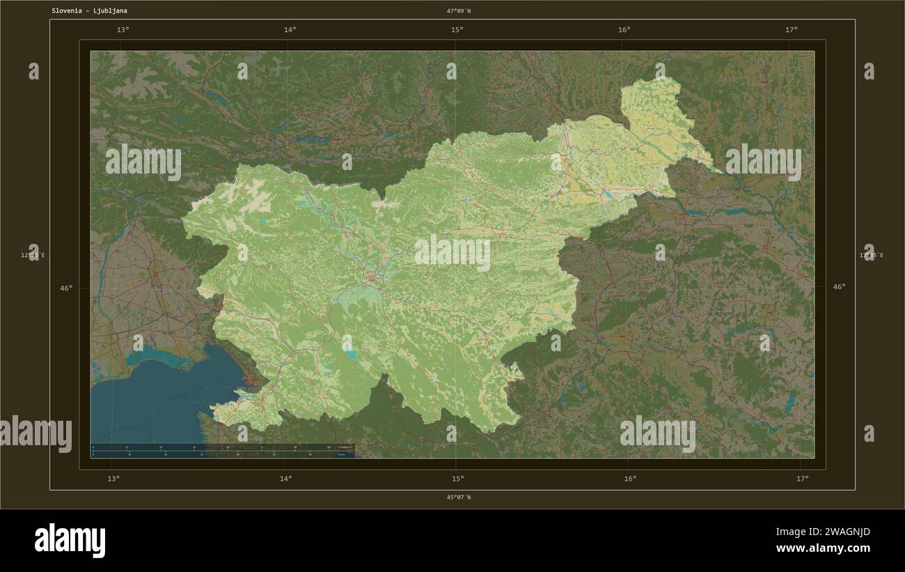 Slovenia highlighted on a topographic, OSM Humanitarian style map map ...